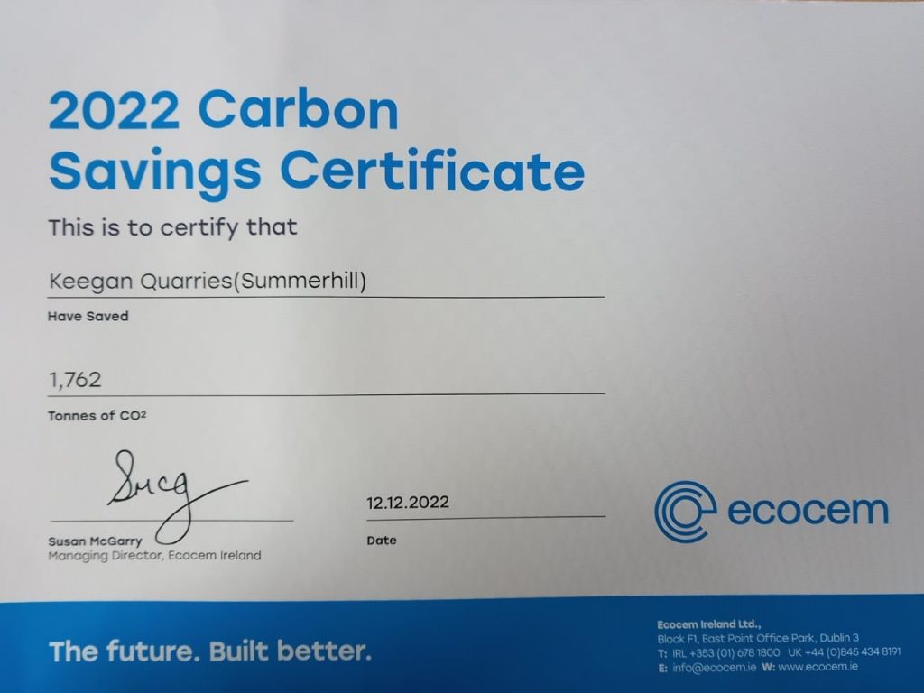2022 Carbon Savings Certificate - Keegan Quarries